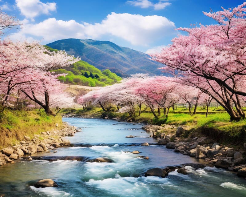 Landscape in Spring Scenery of River and Sakura. Stock Illustration ...