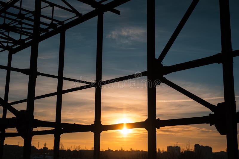 Landscape of Steel Building Frame on Background of Sunrise Stock Image ...