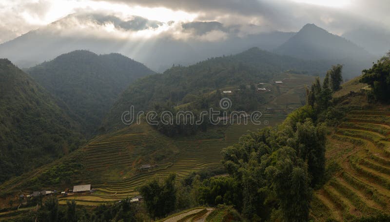 Landscape of Step Rice Farm with Overcast Sky Stock Photo - Image of ...