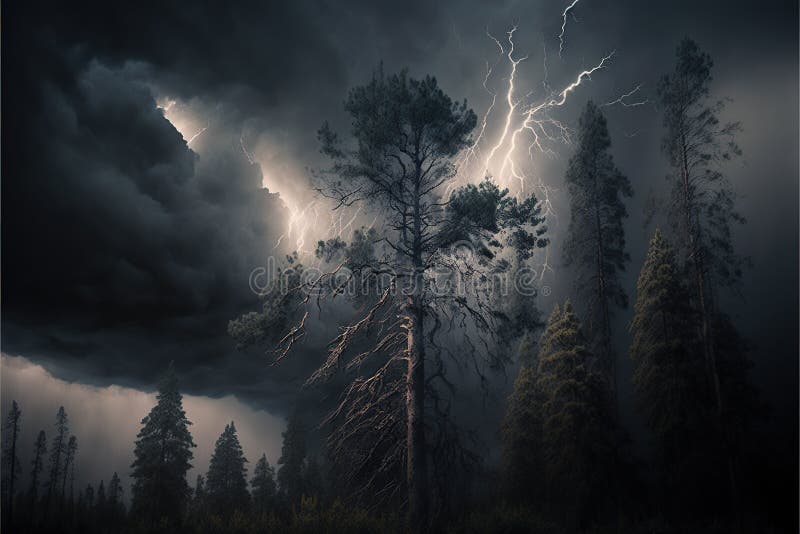 Landscape with Storm, Sky, Clouds, Lightning and Forest Created Using ...