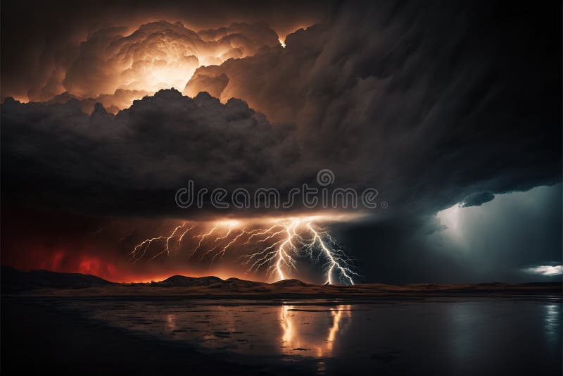Landscape with Storm, Sky, Clouds, Lightning and Lake Created Using ...