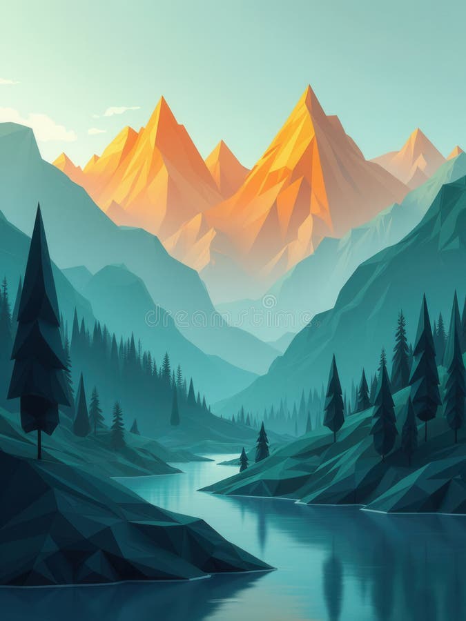 Landscape with Stylized Mountains, Trees, and River in Sunrise Golden ...