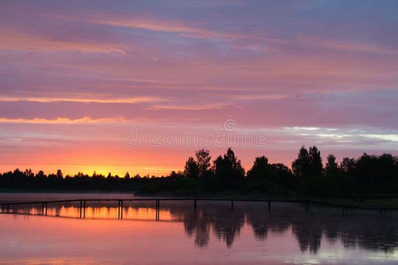 Landscape, Summer, Morning, Pink Dawn on the Lake Stock Photo - Image ...