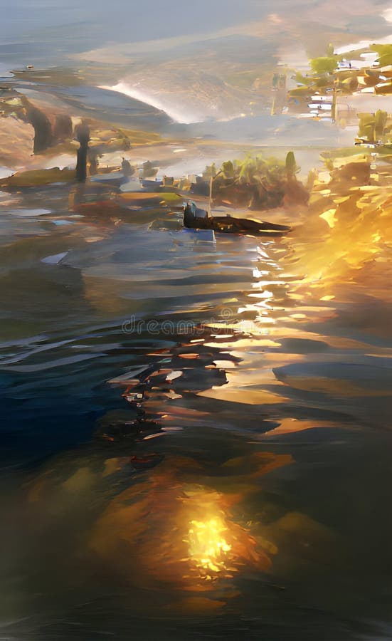 Landscape with Sun Glare Over Rippling Water Stock Photo - Image of ...