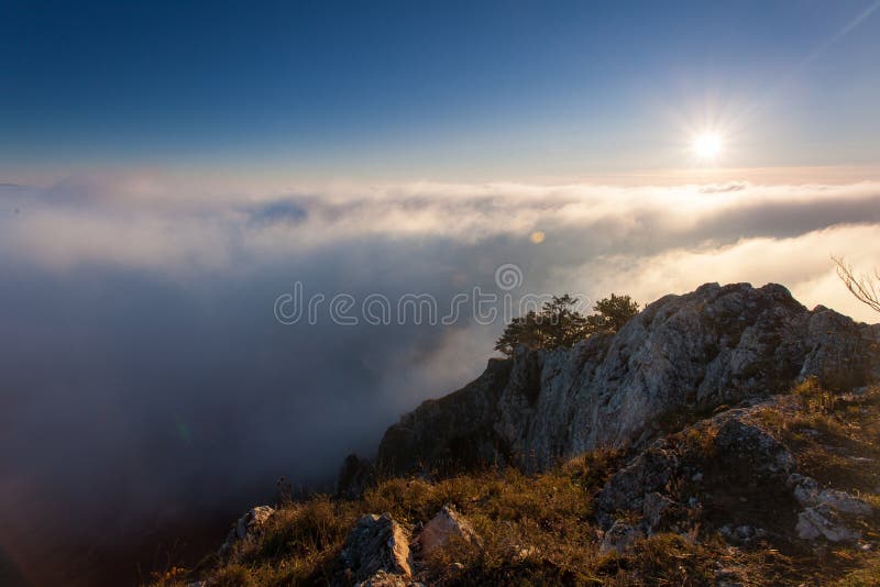 Landscape with Sun and Mist Over Clouds Stock Image - Image of forest ...