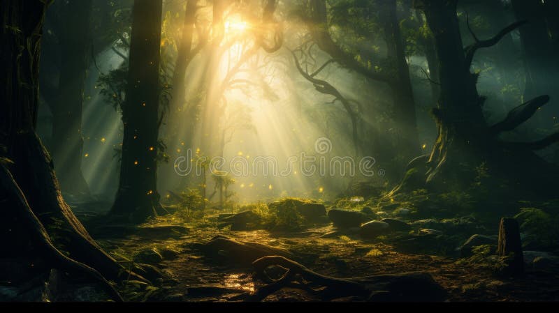 Landscape of Sun Rays in the Forest. Neural Network AI Generated Stock ...