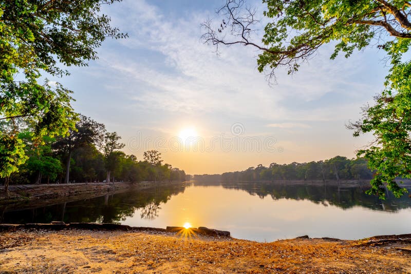 Landscape of Sun Star Over the Lake with Clear Skyline Stock Photo ...