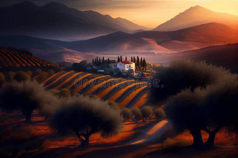 Landscape at Sunset in Olive Farm Stock Illustration - Illustration of ...