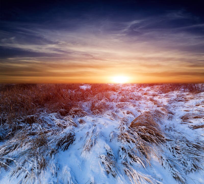 Sunset over winter meadow stock image. Image of frost - 135236683