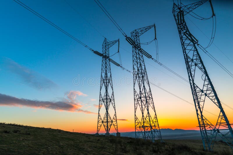 Landscape at the Sunset and Pylons Stock Image - Image of pylons ...
