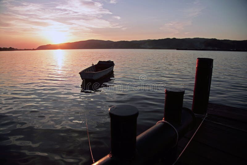 Landscape Sunset Scenery Water and Dock and Boat Stock Photo - Image of ...