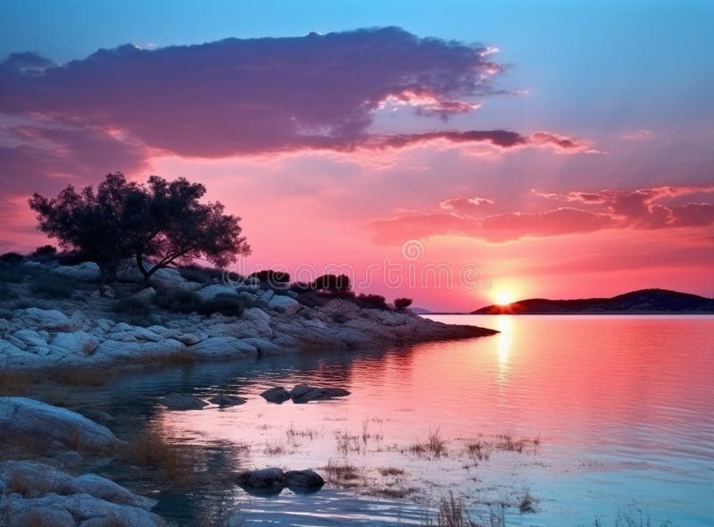 Landscape with Sunset and Tree, Perfect for Motivational Work Stock ...