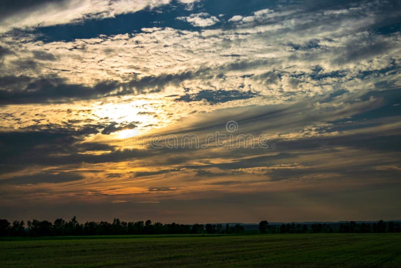 Landscape with Sunset, Trees and Small Mountain Stock Image - Image of ...