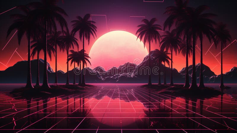 Landscape of Synthwave Palm Trees Generative AI Stock Illustration ...