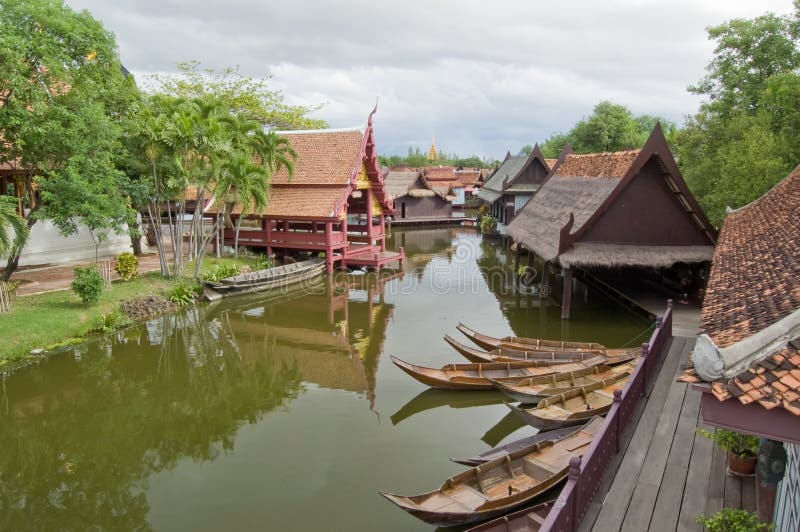 Landscape Thai Style Riverside Village Stock Photo - Image of boat ...