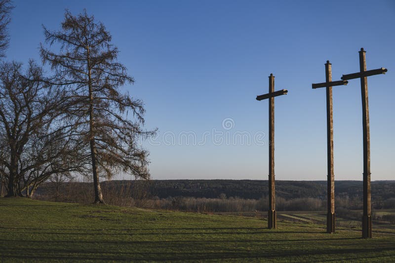 Landscape with Three Crosses Standing on the Side of a Cliff Stock ...
