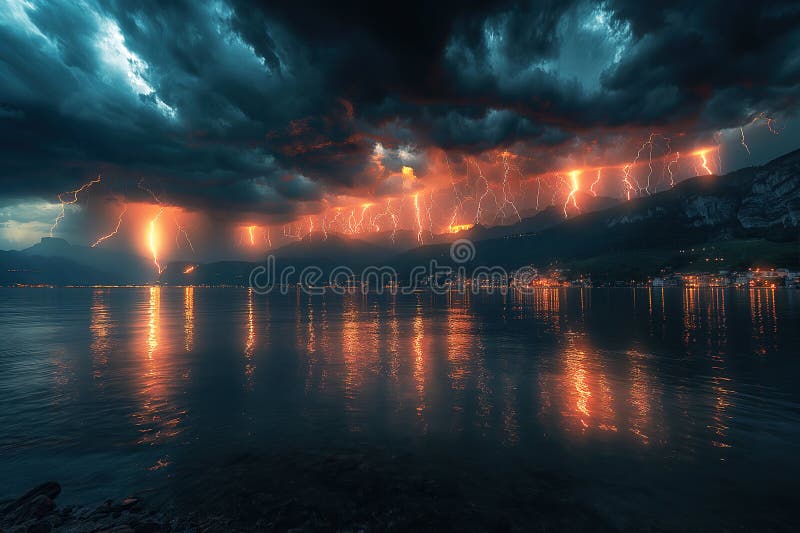 Landscape with Thunderstorms and Thunderbolt Lightning in Night Sky ...
