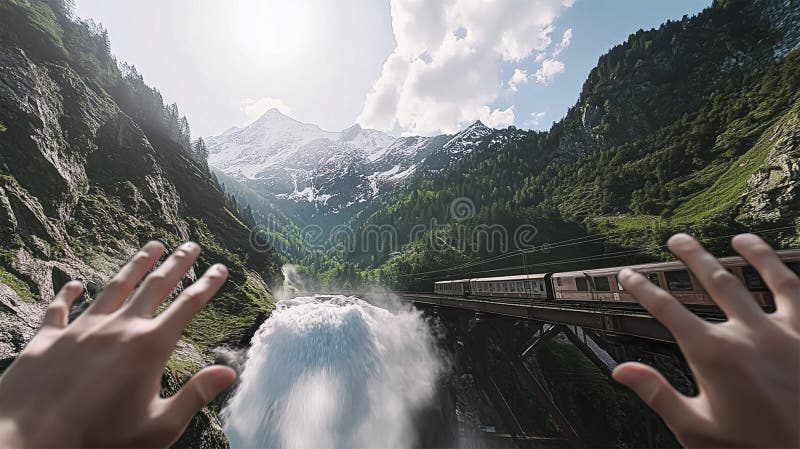 Landscape with a Train Passing Over a Waterfall Bridge Against a ...