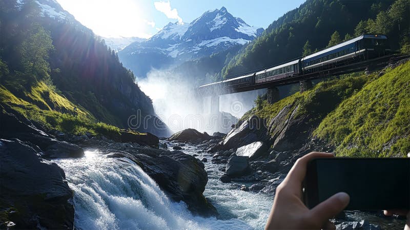 Landscape with a Train Passing Over a Waterfall Bridge Against a ...