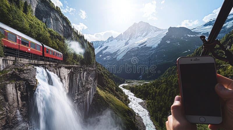 Landscape with a Train Passing Over a Waterfall Bridge Against a ...