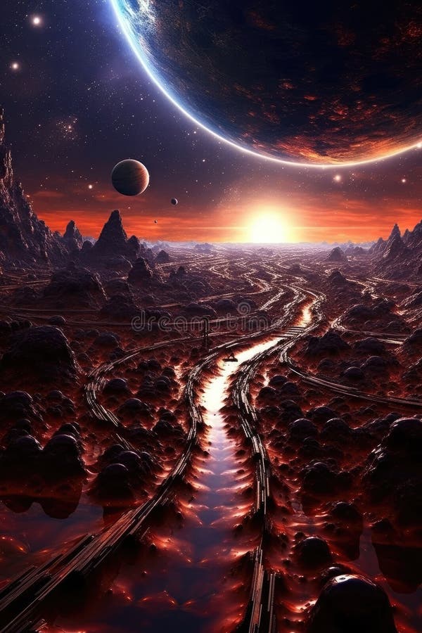 A Landscape with a Train Track and Mountains and a Planet in the ...