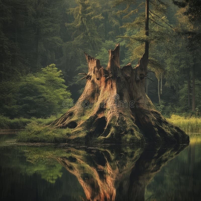 Landscape with a Tree and a Reflection in the Lake. Illustration Stock ...