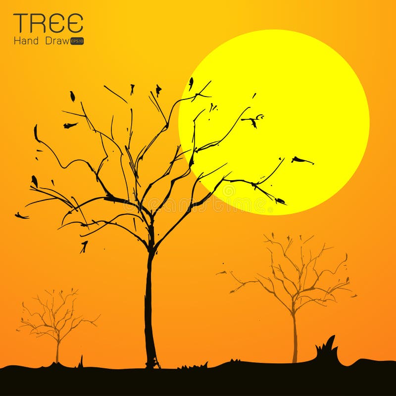 Landscape with Tree at Sun Set Stock Vector - Illustration of orange ...