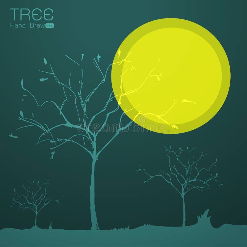 Landscape with Tree at Sun Set Hand Draw Stock Vector - Illustration of ...