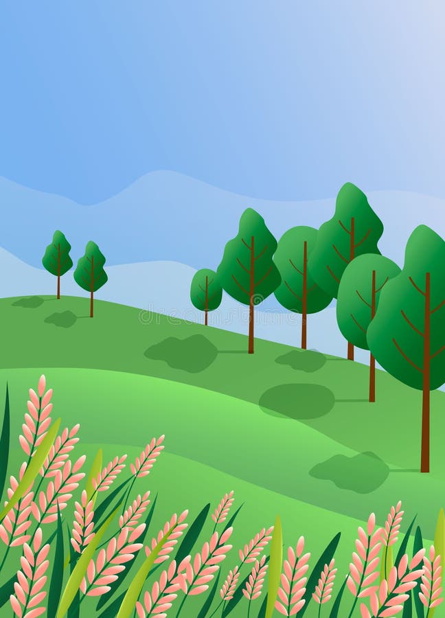 Landscape with Trees and Flower. Vector Drawing in a Flat Style with ...