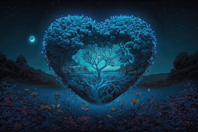 Landscape with Trees and Glowing Blue Heart of Flowers Stock ...