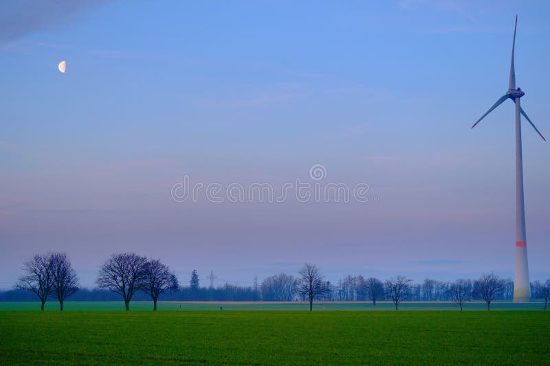Landscape- Trees in Green Field with Moon, before Sunrise Stock Photo ...