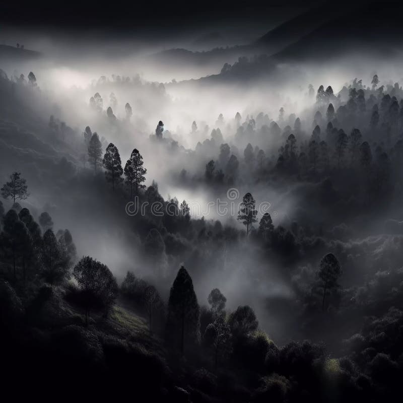 Landscape of Trees on Hills with Low Mist Stock Illustration ...