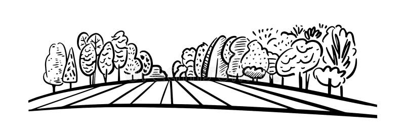 Landscape with Trees, Hills in Outline Style. Vector Hand Drawn ...
