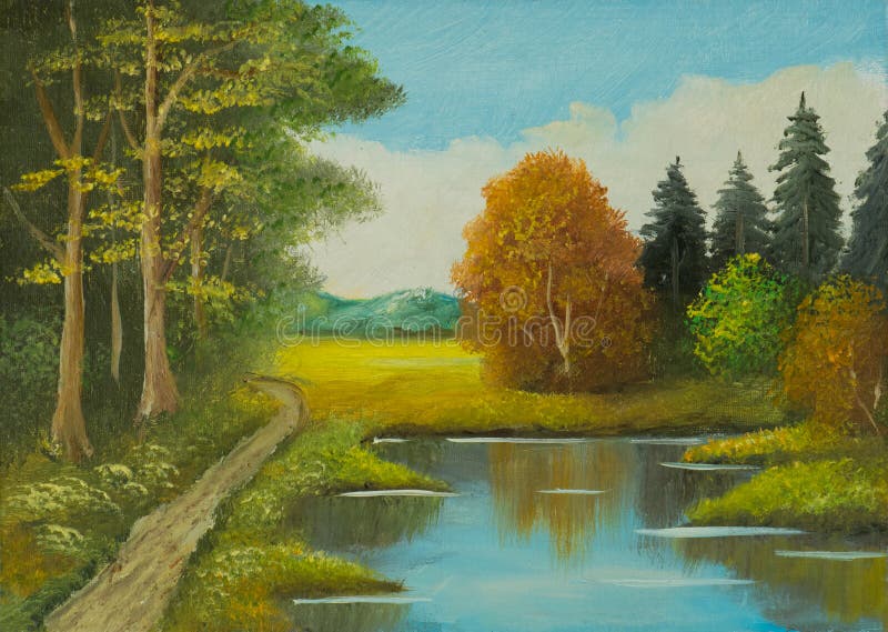 Landscape with Trees and a Path Along the River Stock Illustration ...