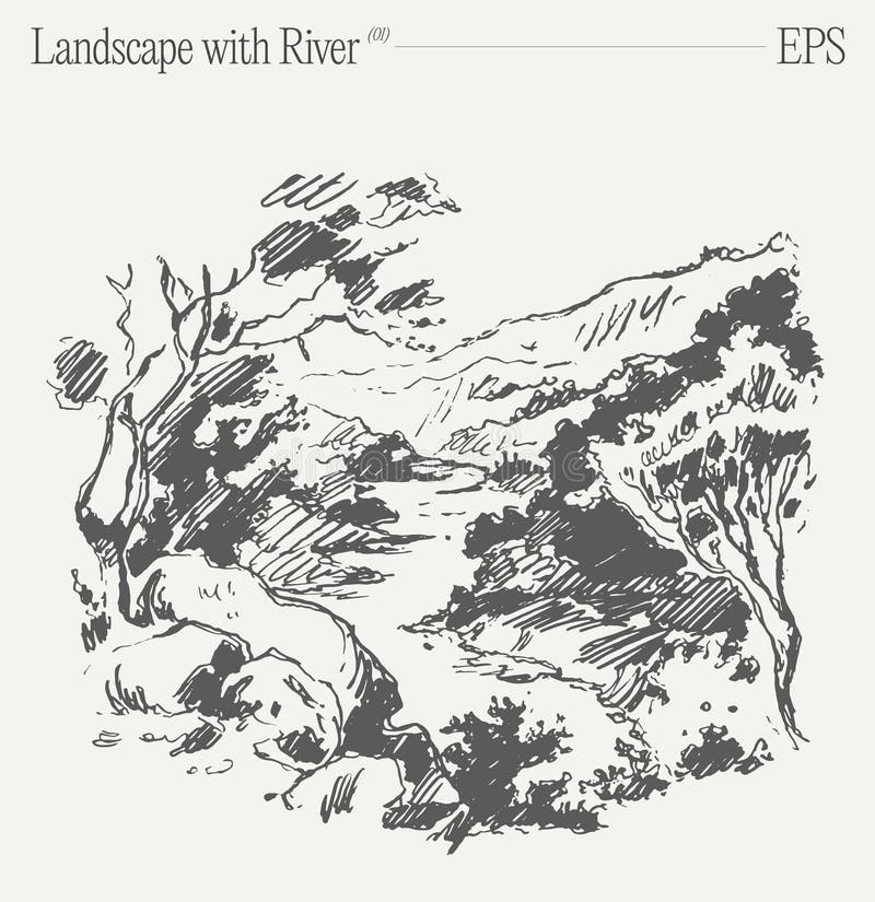 Landscape with Trees and River on a Slope. Hand Drawn Vector ...