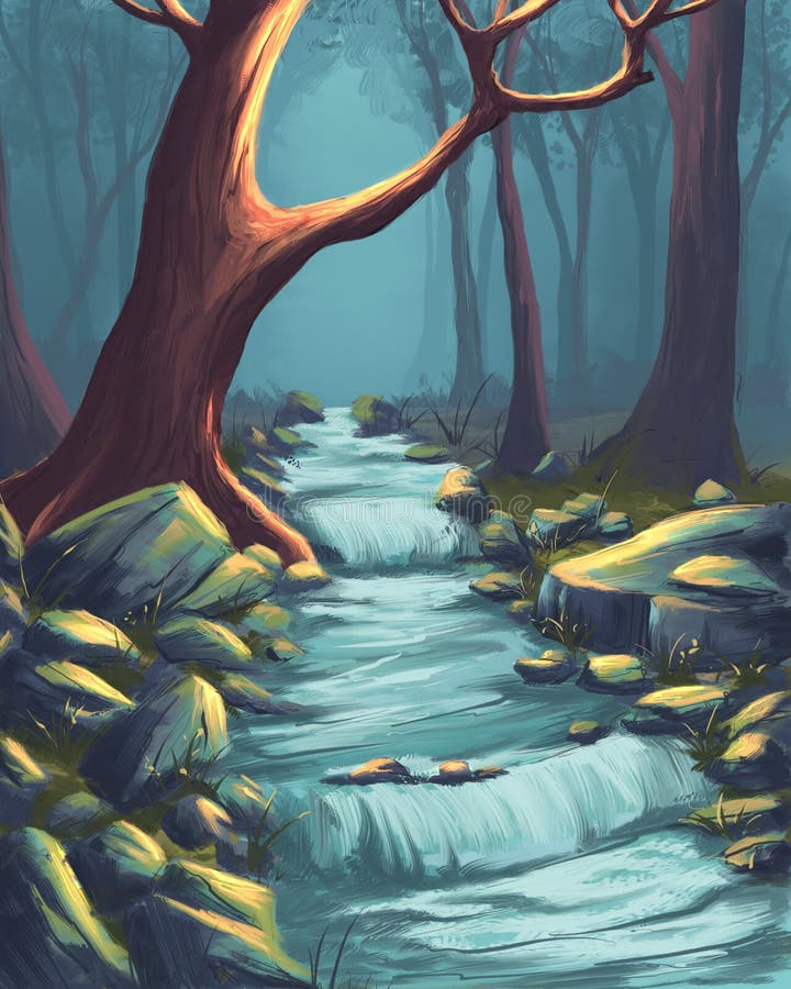 Landscape with Trees and Stream Stock Illustration - Illustration of ...