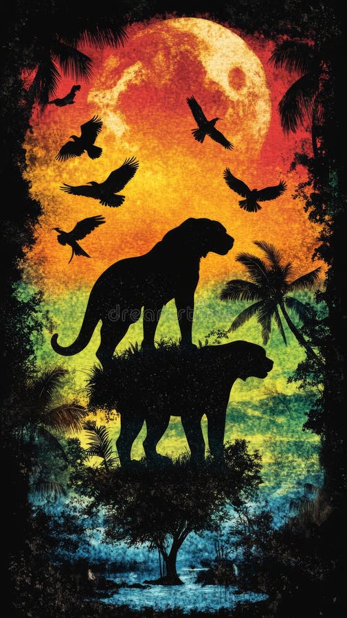 A Landscape of a Tropical Sunset with Animals and Birds in Shadowy ...