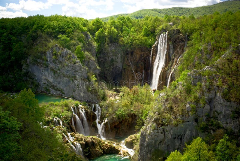 Landscape with Two Waterfalls in Mountains Stock Image - Image of blue ...