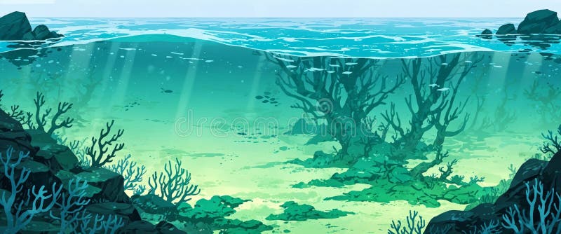 Landscape Underwater Ocean Floor with Algae Digital Illustration. Stock ...