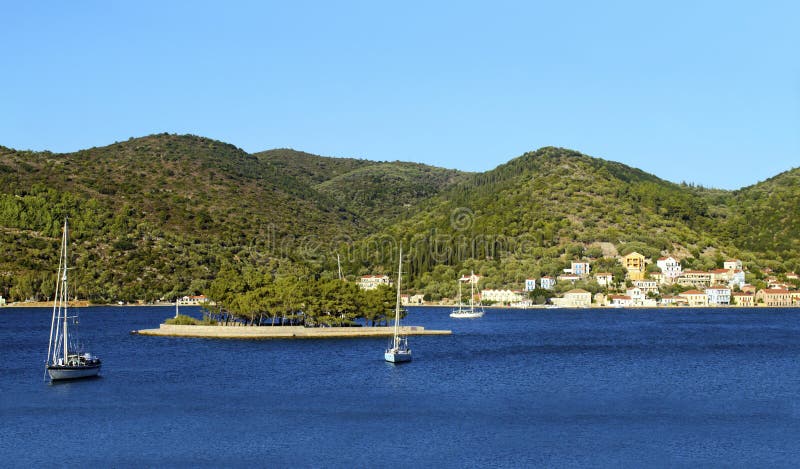 Landscape of Vathy in Ithaca Island Stock Image - Image of islands ...