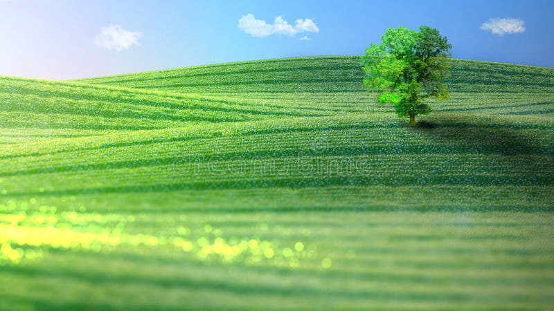 Landscape of Verdant Hills with a Tree. 3D Rendering. Stock ...