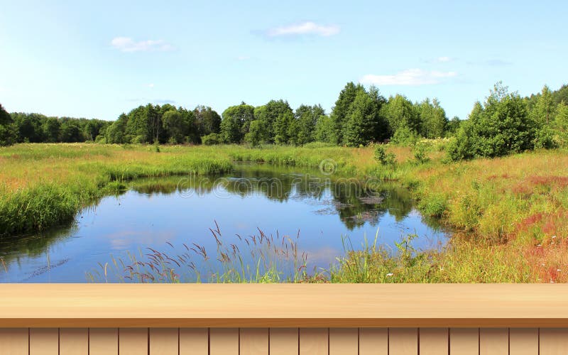 Wooden Railing with River View. Summer Landscape with River and Blue ...