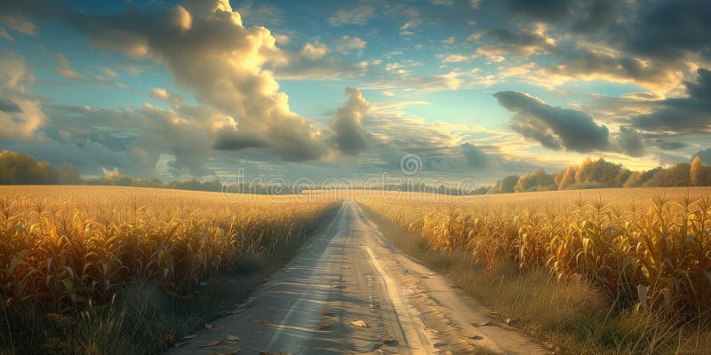 Landscape View Field with Road Stock Illustration - Illustration of ...