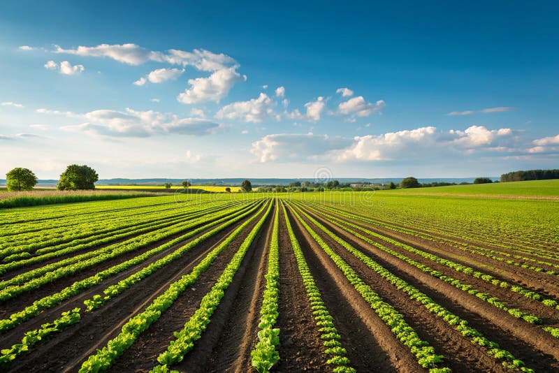 Landscape View of a Freshly Growing Agriculture Vegetable Field Stock ...