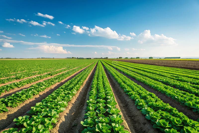 Landscape View of a Freshly Growing Agriculture Vegetable Field Stock ...