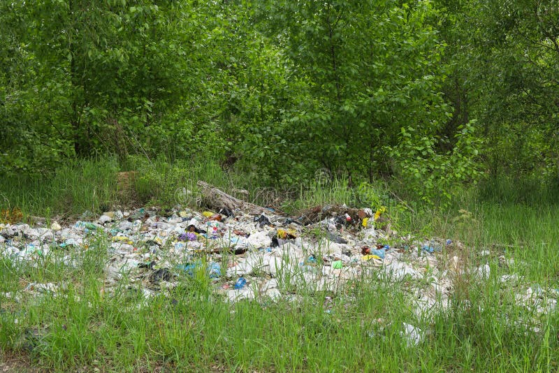 Landscape View on a Green Forest and Grass with Huge Garbage Dump ...