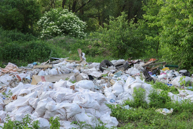 Landscape View on a Green Forest and Grass with Huge Garbage Dump ...
