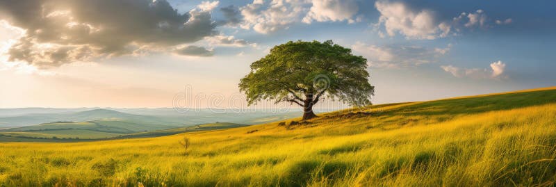 Landscape View of One Big Tree on the Top of the Hill with Green Grass ...