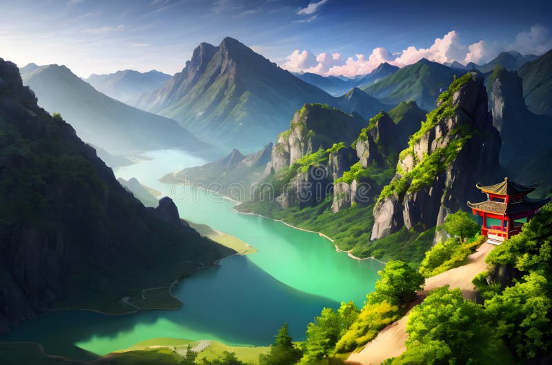 Landscape View of River in Chinese Ai Generated Stock Illustration ...