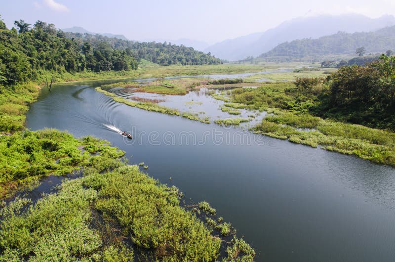 Landscape View of River Mountain and Boat Stock Photo - Image of rural ...